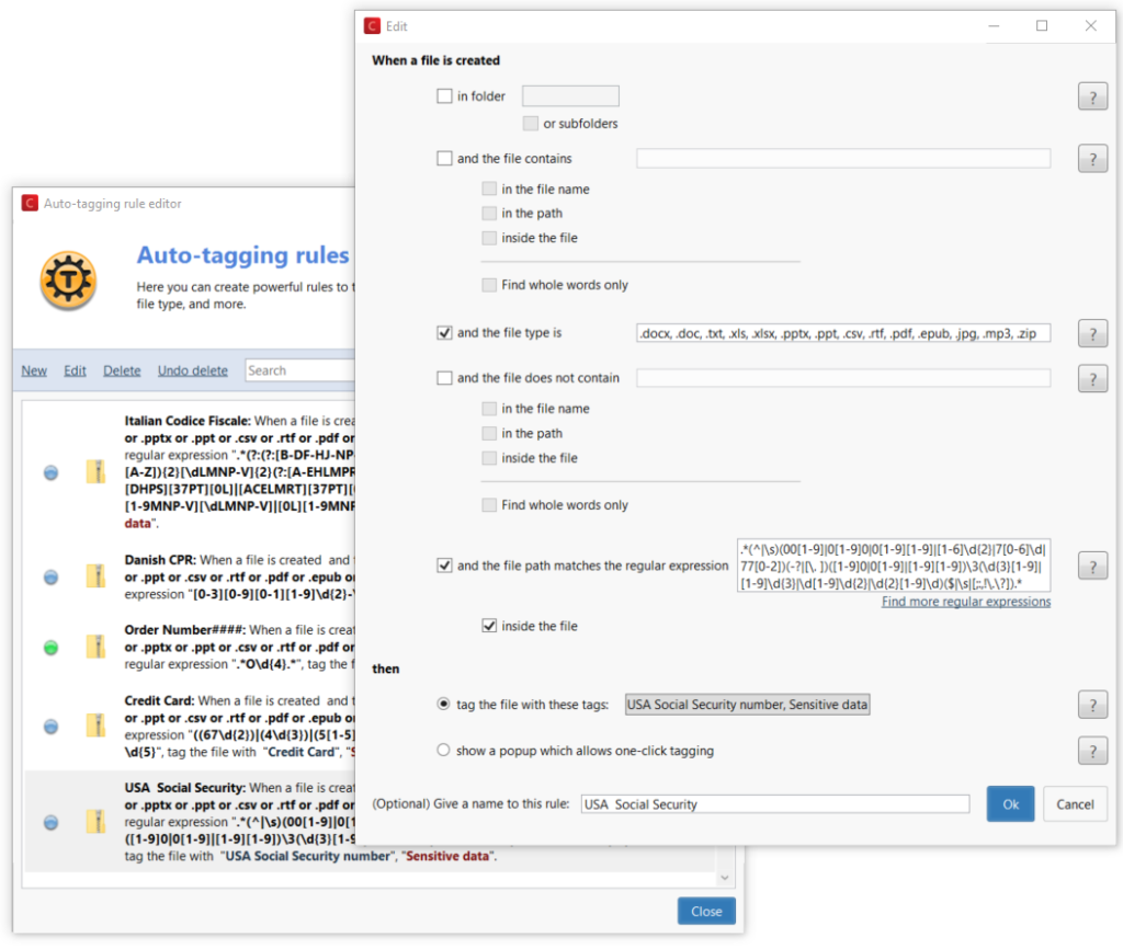 Data-mining: search and auto-tag files based on patterns in their content, to find credit card ...